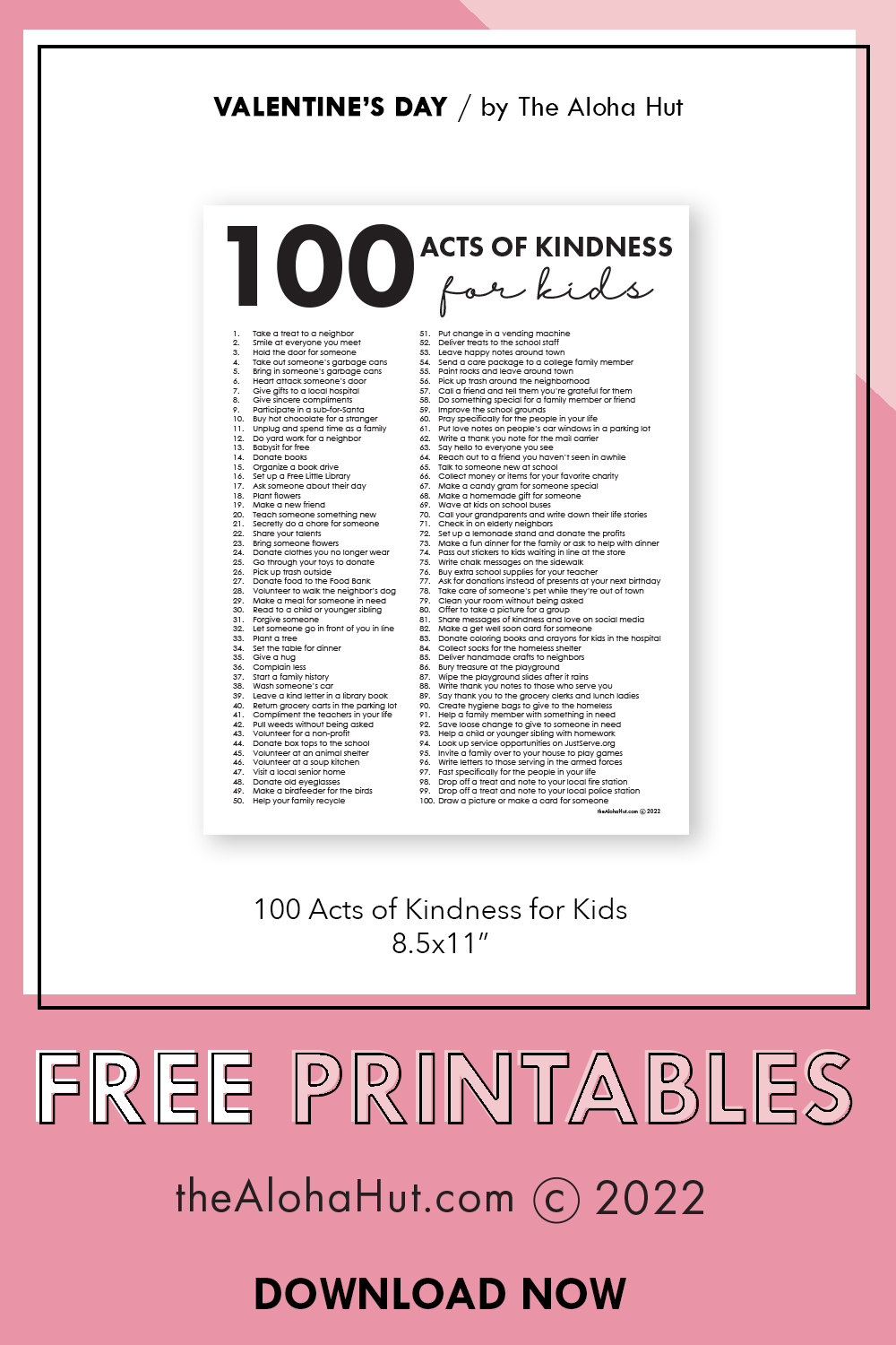 VALENTINE'S DAY - 100 Acts of Kindness FREE PRINTABLE Poster - The ...